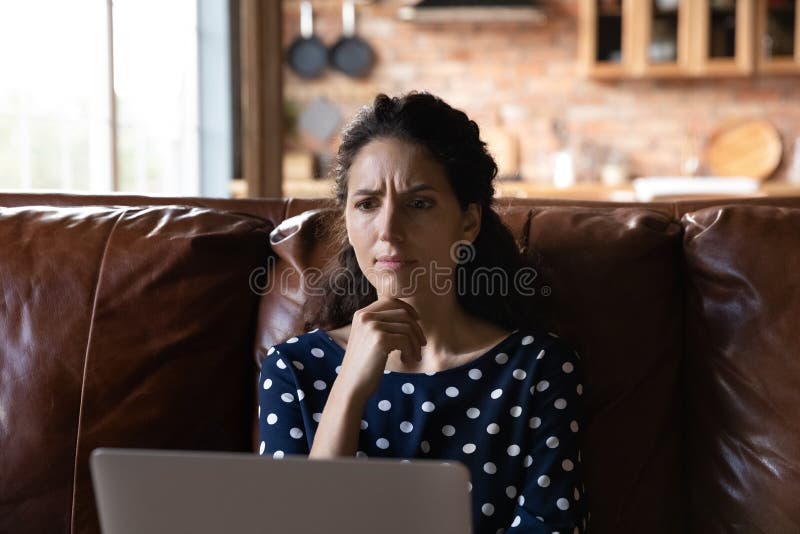 Pensive Young Woman Work on Computer Thinking Stock Photo - Image of ...