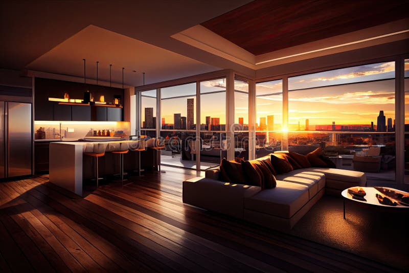 Penthouse Suite with Sweeping Views of Sunset Over the City Skyline ...