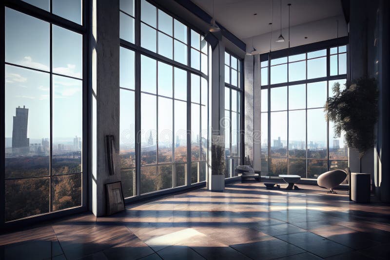 Penthouse with Wall of Windows, Overlooking Cityscape and Park Stock ...
