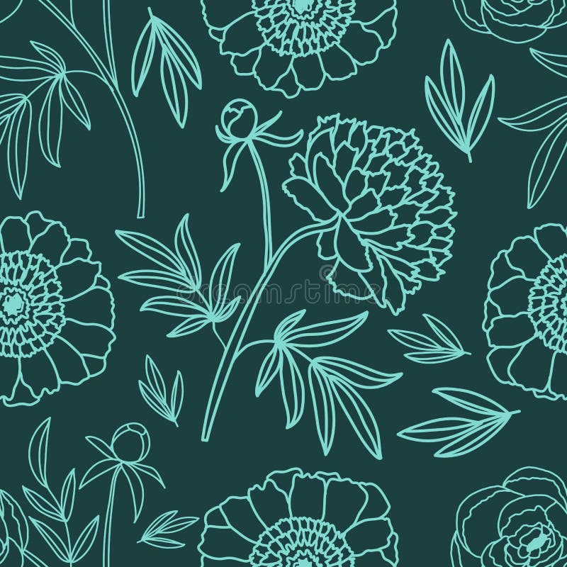 Peonies.Floral Decorative Pattern. Seamless Pattern of Light Outline on ...