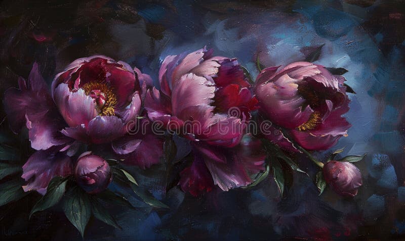 Peonies in Oil Painting, Rich Textures, Deep Colors, Classic Style ...