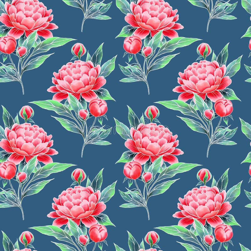 Peonies Seamless Floral Pattern. Flowers on Blue Background. Stock Image - Image of textile ...