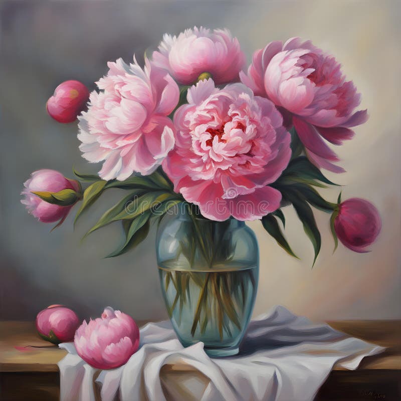 Peonies in Vase, Oil Painting on Canvas Stock Illustration ...