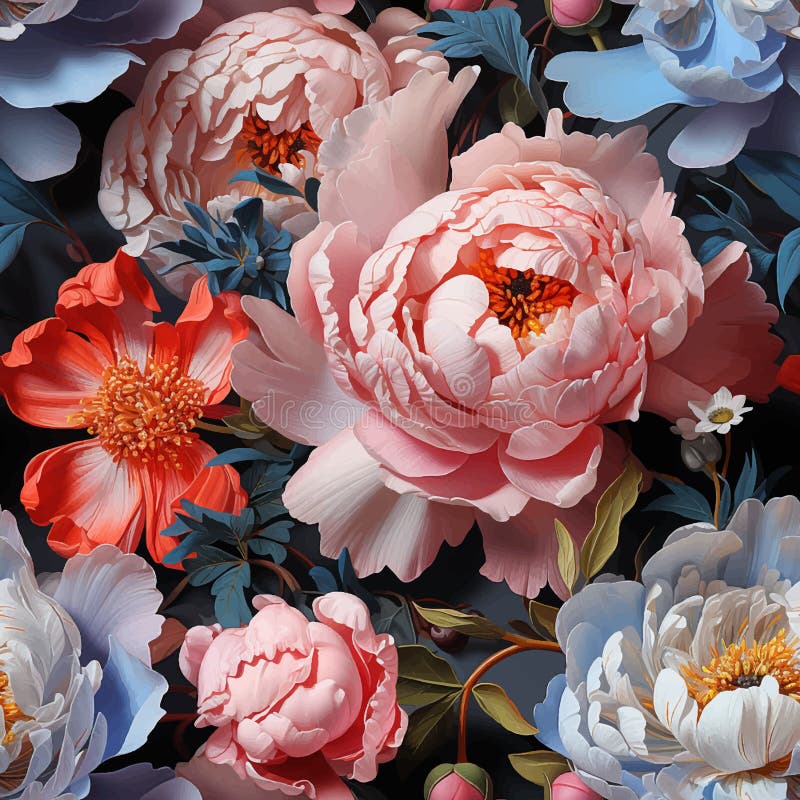 Seamless Vector Background with Blooming Colorful Peonies. Stock Vector ...