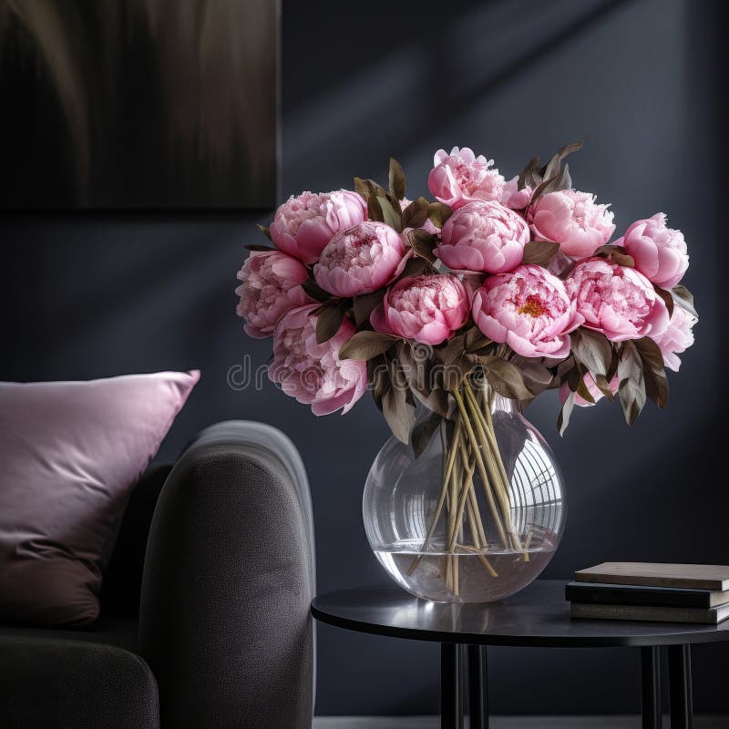Peony Bouquet in Dark Room Interior, Generative AI Stock Illustration - Illustration of ...