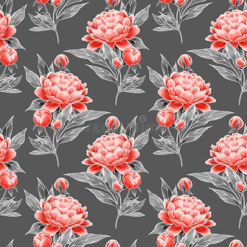 Peony Flowers Seamless Floral Pattern. Red Flowers on Gray Background ...