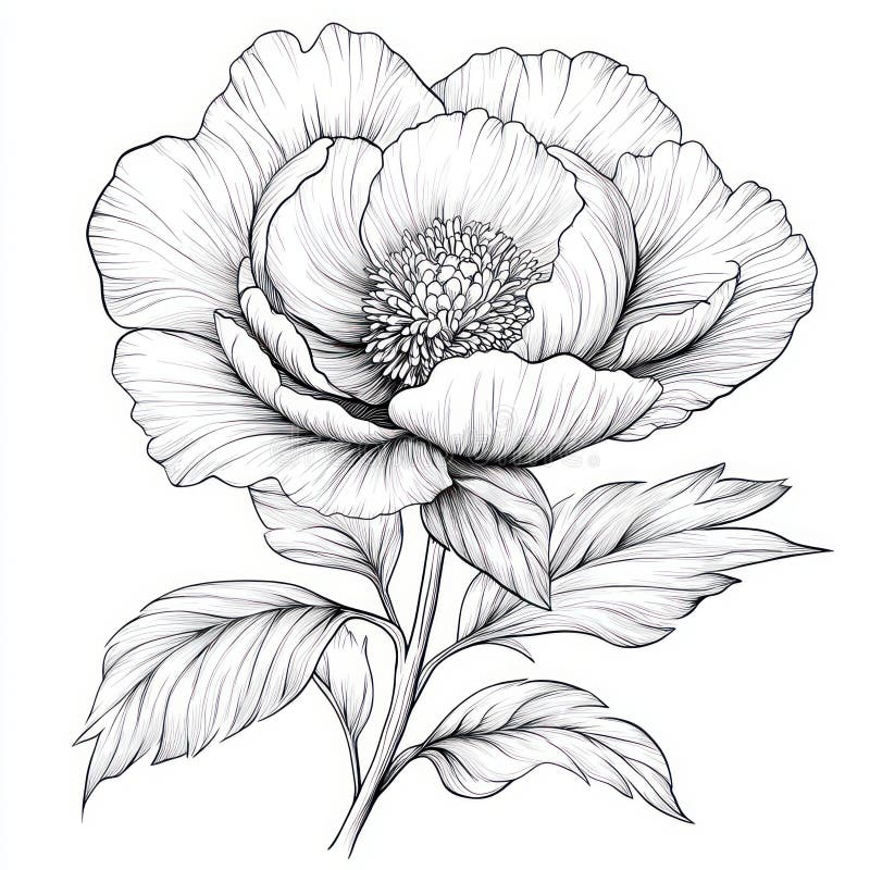 A Peony, Line Pattern, Black and White Artwork Style. Coloring Book ...