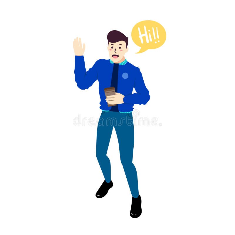 Happy Man People Say Hello and Drink Coffee Cup Cartoon Doodle Flat ...