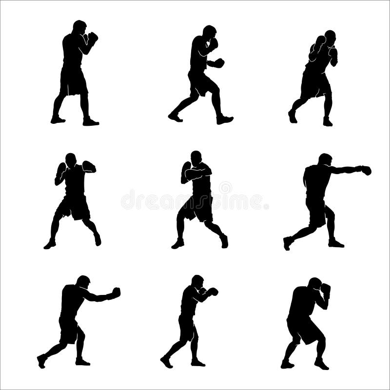 Set of Boxing Sport Man Silhouette in Various Action Pose. Stock Vector ...