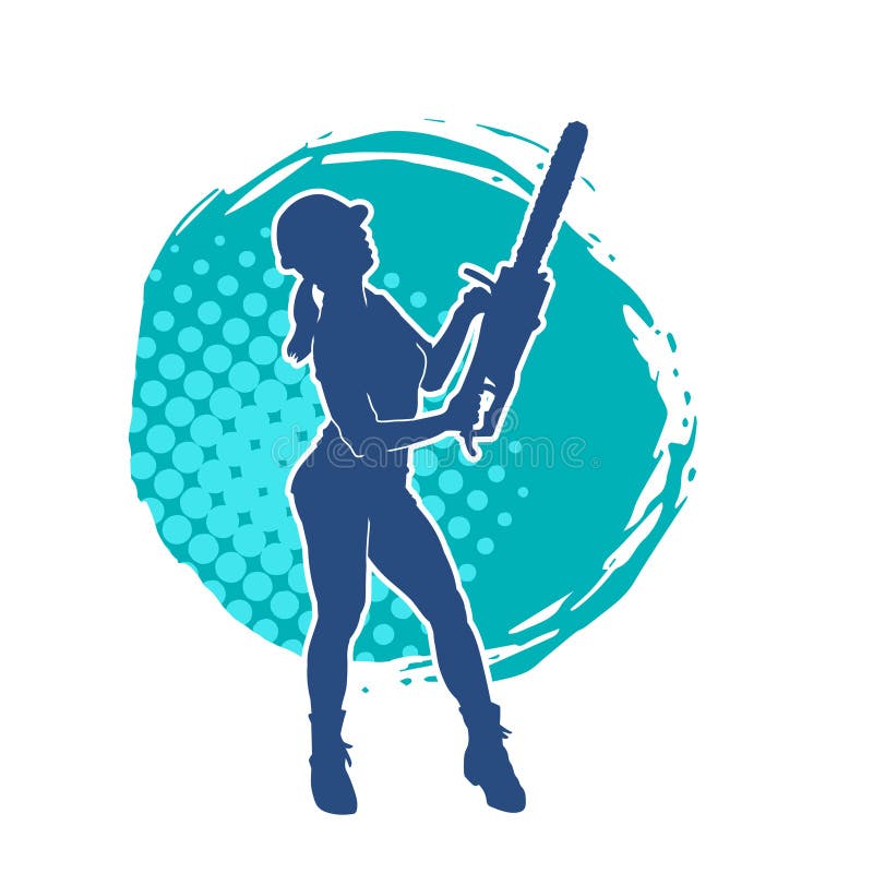 Silhouette of a Female Worker in Action Pose Carrying Chainsaw Machine ...