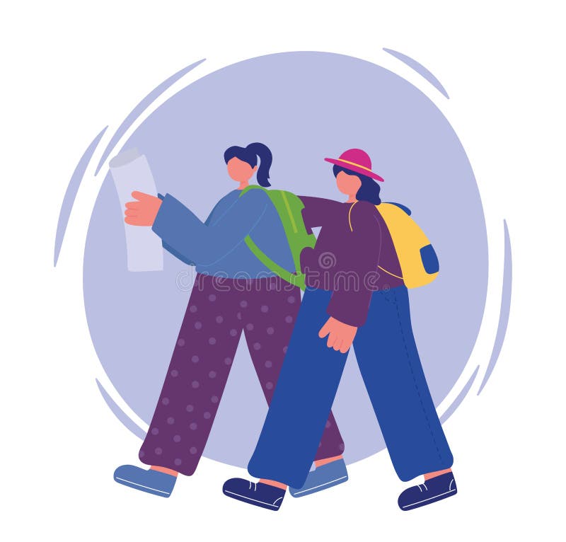 People Activities, Young Women Walking with Map and Backpacks Stock ...
