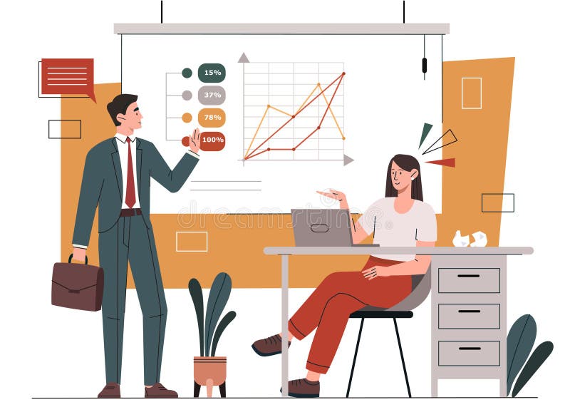 People Analyzing Data. Man and Woman Standing Next To Graphs and ...