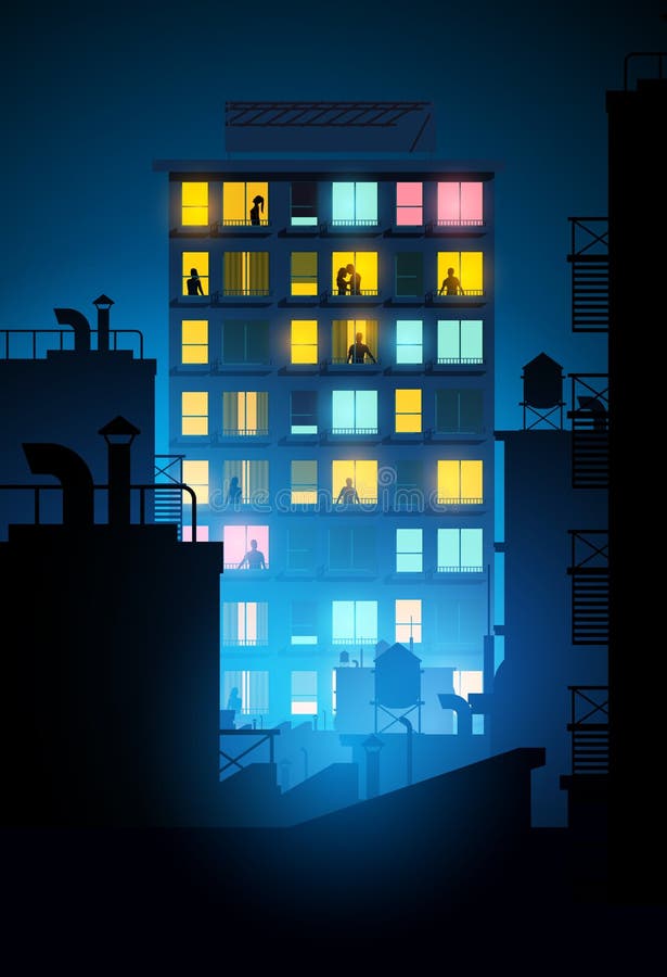 People in Apartment Block Windows at Night Stock Vector - Illustration ...