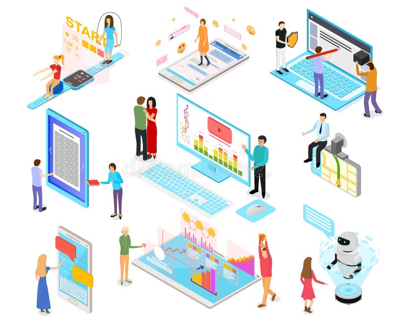 People and App Interfaces Concept 3d Isometric View. Vector Stock ...