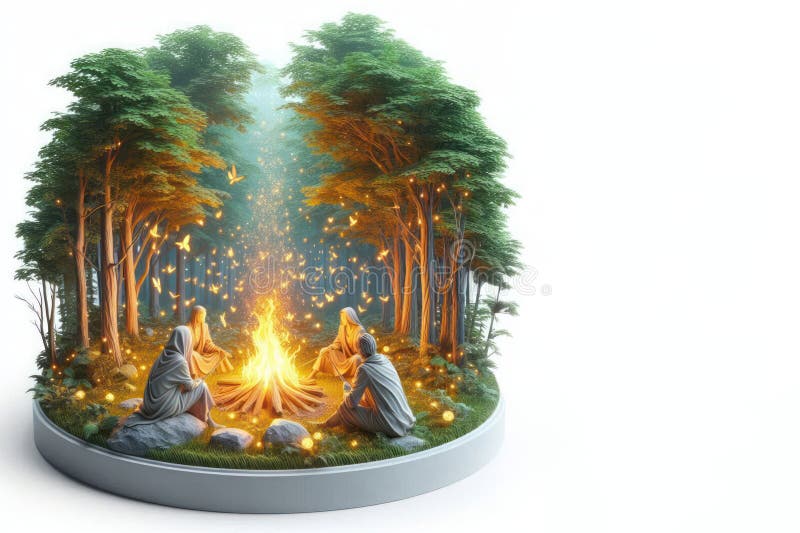People Around a Campfire in a Magical Forest. Space for Text. Stock ...