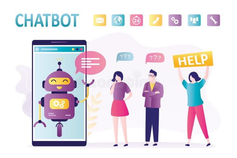 People Ask Different Questions To Chat Bot. Virtual Assistant on ...