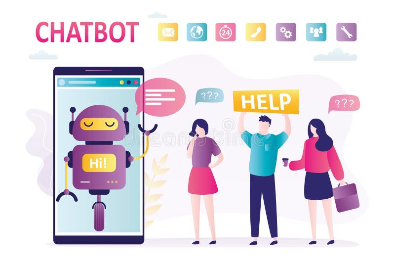 People Ask Different Questions To Chat Bot. Virtual Assistant on ...