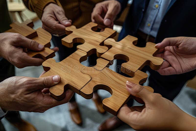 People Assembling Wooden Puzzle Pieces on a Table Stock Photo - Image ...