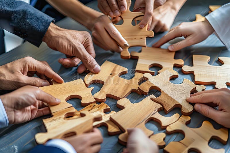 People Assembling Wooden Puzzle Pieces on a Table Stock Photo - Image ...