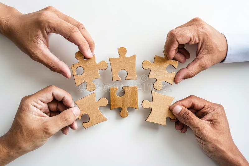 People Assembling Wooden Puzzle Pieces on a Table Stock Image - Image ...
