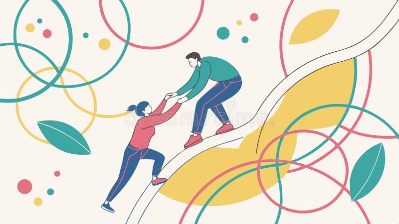 People Assisting Each Other on Abstract Wavy Path, Symbolizing Teamwork ...