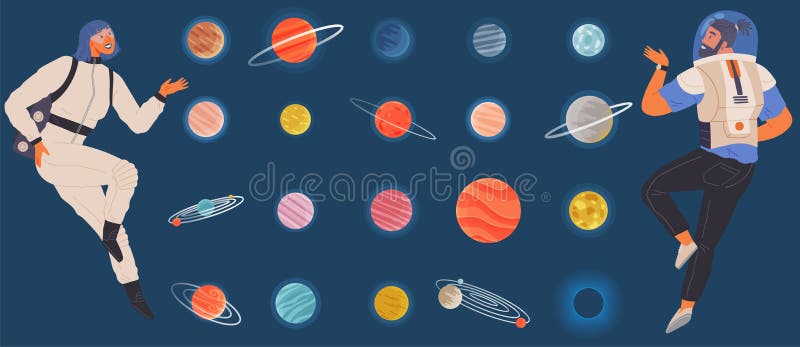 People Astronauts and Planets on Blue Background Vector Set. Flying ...