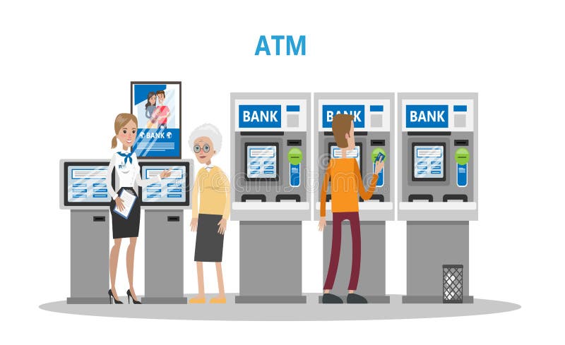 People with ATM. stock vector. Illustration of girl - 110299544