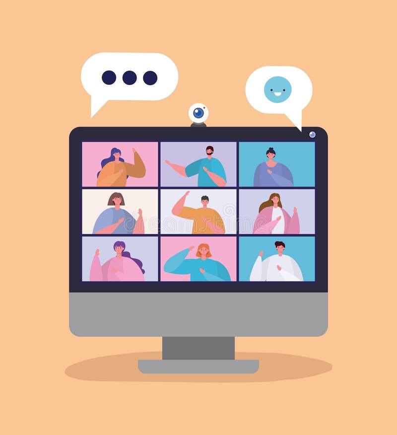 People Avatars on Computer in Video Chat with Bubbles Vector Design ...