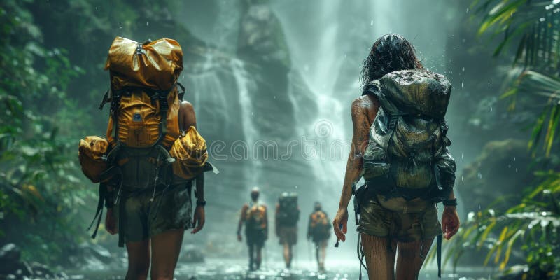 People with Backpacks Walk through Waterfall in Jungle Stock Photo ...