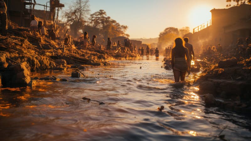 People Bathing in River at Sunrise in Bagan, Myanmar Stock Illustration ...