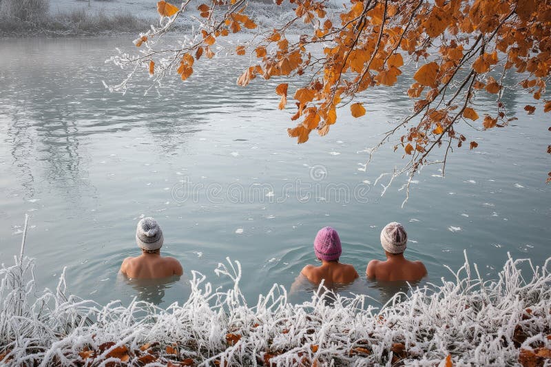 People Bathing in Winter River. Generative AI. Stock Illustration ...