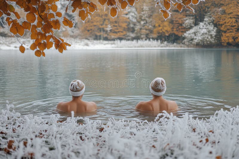 People Bathing in Winter River. Generative AI. Stock Illustration ...