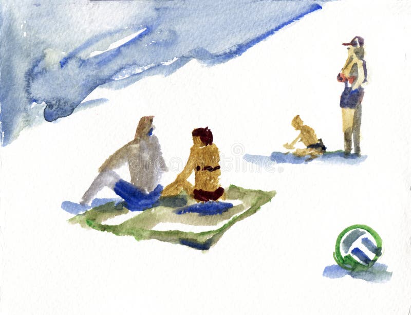 People on the Beach. Watercolor Hand Drawn Illustration. Stock ...