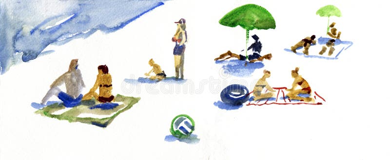People on the Beach. Watercolor Hand Drawn Illustration Stock ...