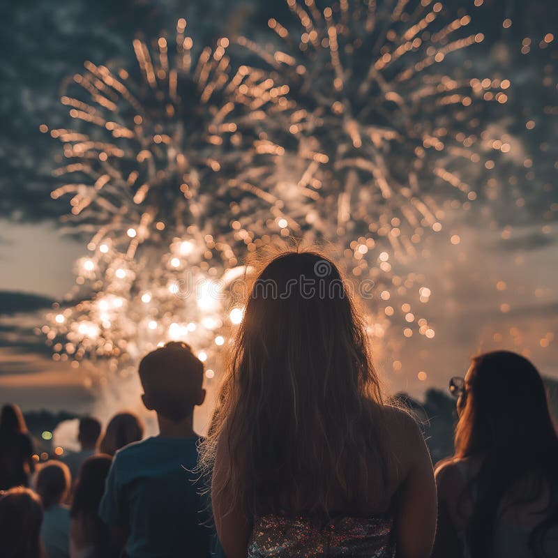 People Watching Fireworks in the Night Sky Stock Illustration ...
