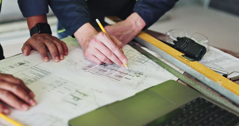 People, Blueprint and Contractor Hands for Drawing on Construction Site ...
