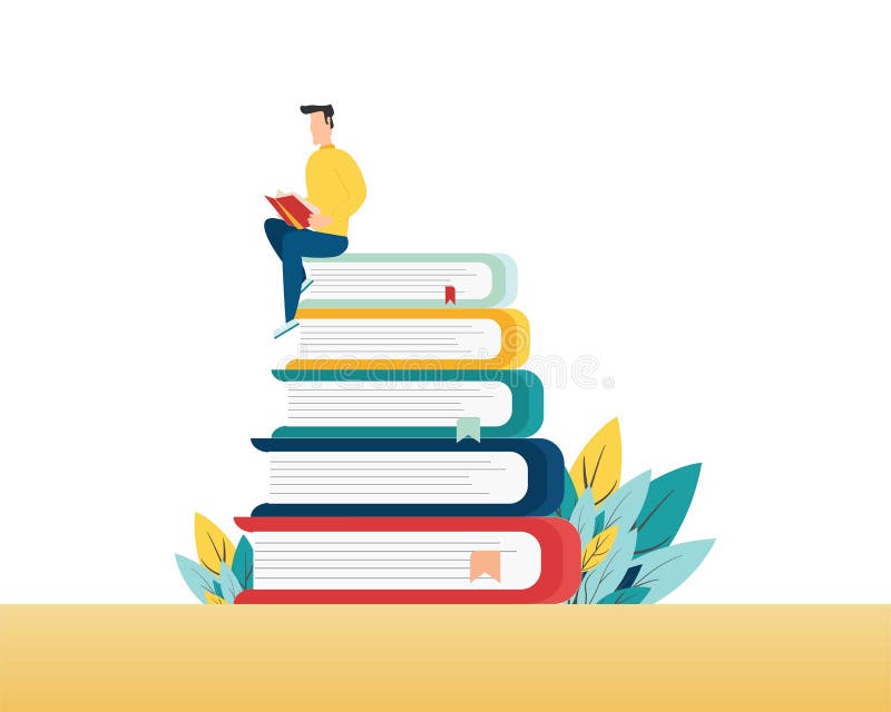 People with Books. Man is Sitting on a Stack of Books and Reading a ...