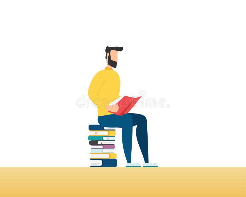 People with Books. Man is Sitting on a Stack of Books and Reading a ...