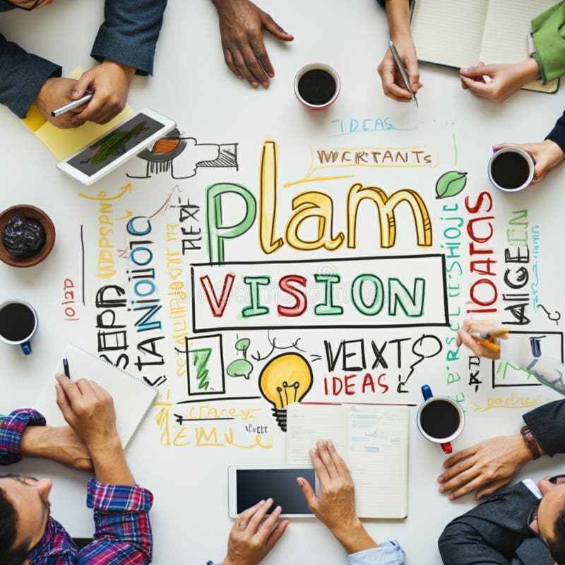 People Brainstorming Ideas Around a Table with "Plan" and "Vision" on a ...