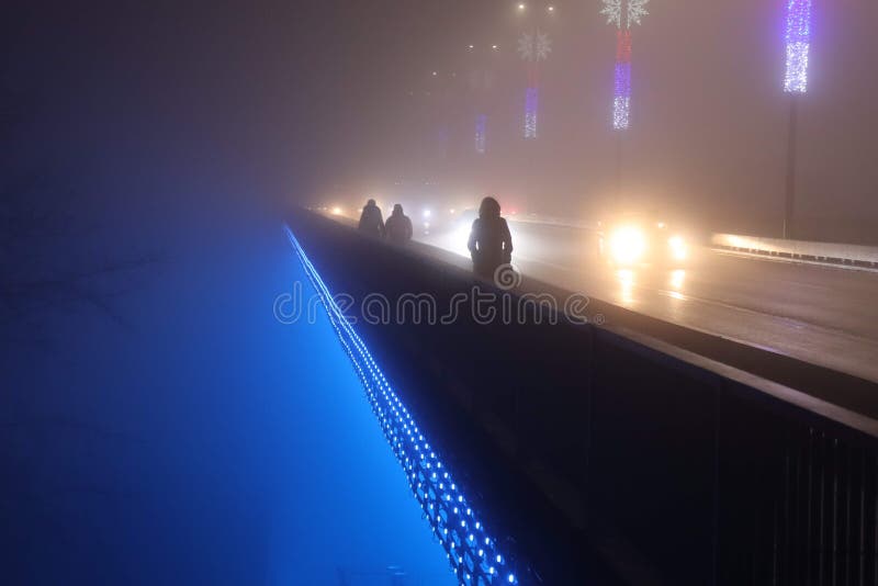 People on the Bridge Fog Night Lights Stock Image - Image of lights ...