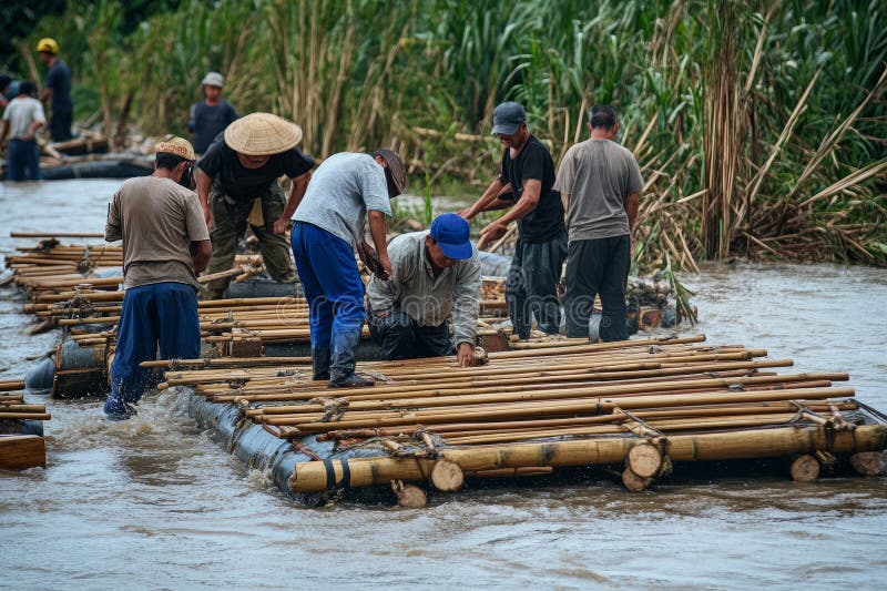 People Building Rafts in Flood Color Scheme Brown Gray Blue Stock ...