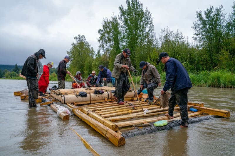 People Building Rafts in Flood Color Scheme Brown Gray Blue Stock ...