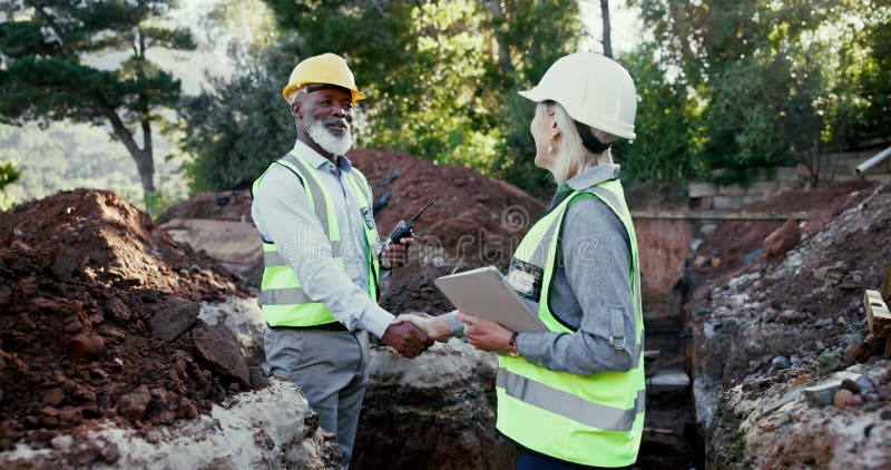 People, Building Site and Handshake or Talking with Tablet, Diversity ...