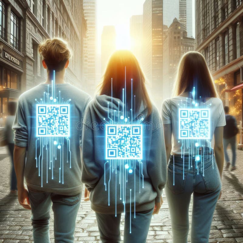 People with a Built-in Digital Quarcode Number Walk through the City ...
