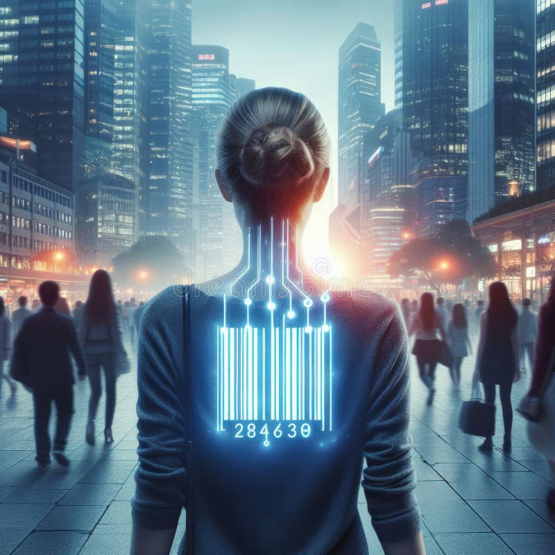 People with a Built-in Digital Quarcode Number Walk through the City ...