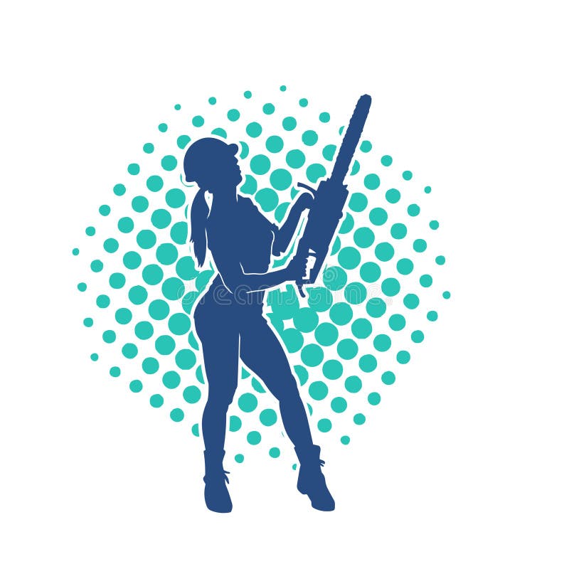 Silhouette of a Female Worker in Action Pose Carrying Chainsaw Machine ...