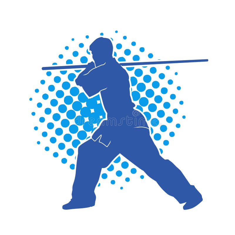Silhouette of a Slim Male Fighter in Action Pose Using Staff Weapon ...