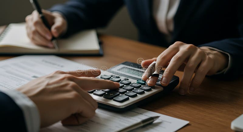 People Calculating Finance Using Calculator at Desk, Taking Notes Stock ...