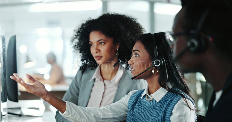 Call Center, Black Woman and Computer on Desk in Office for Customer ...