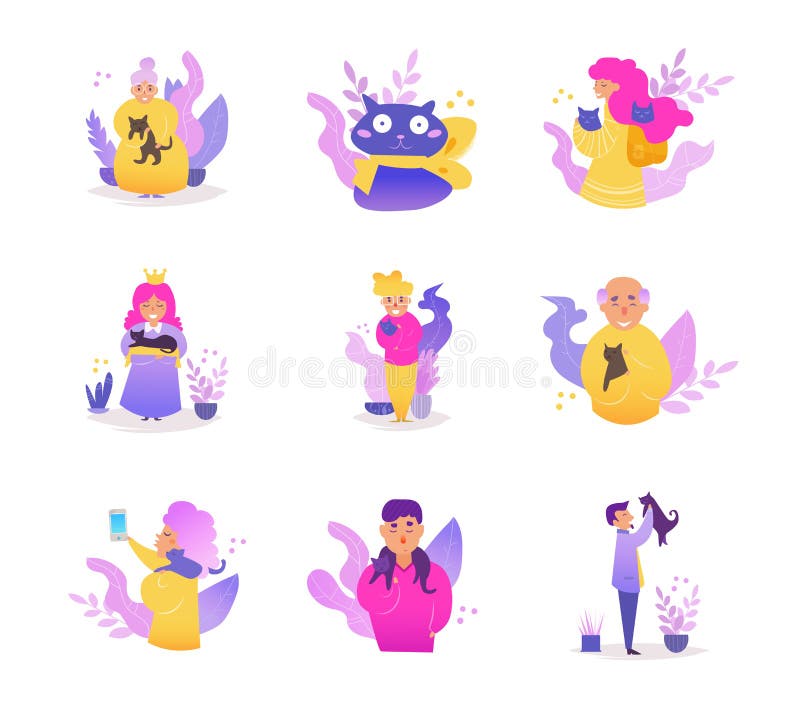 People with Cats. Collection Set Vector. Cartoon. Isolated Art on White ...